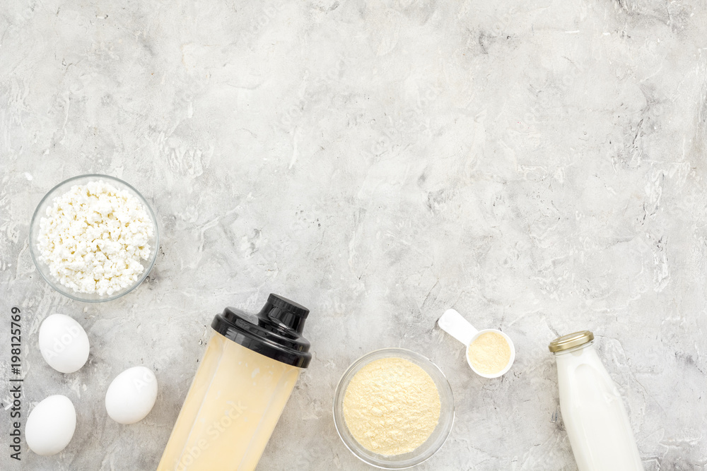nutrition for workout with protein cocktail, powder, eggs and milk on ...