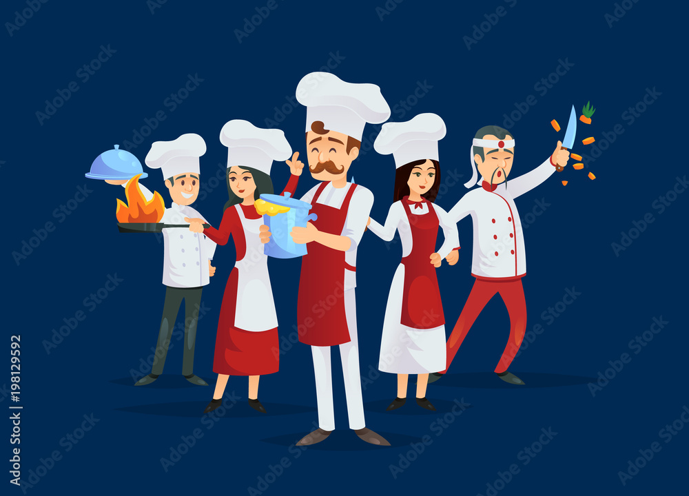 Professional kitchen staff recruitment concept. Cute young chef team in ...