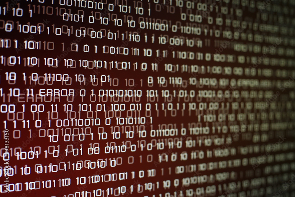 red binary code on computer screen with glittering light and error ...