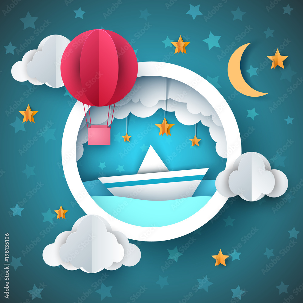 Air balloon, ship illustration. Cartoon sea landscape. Vector eps 10 ...