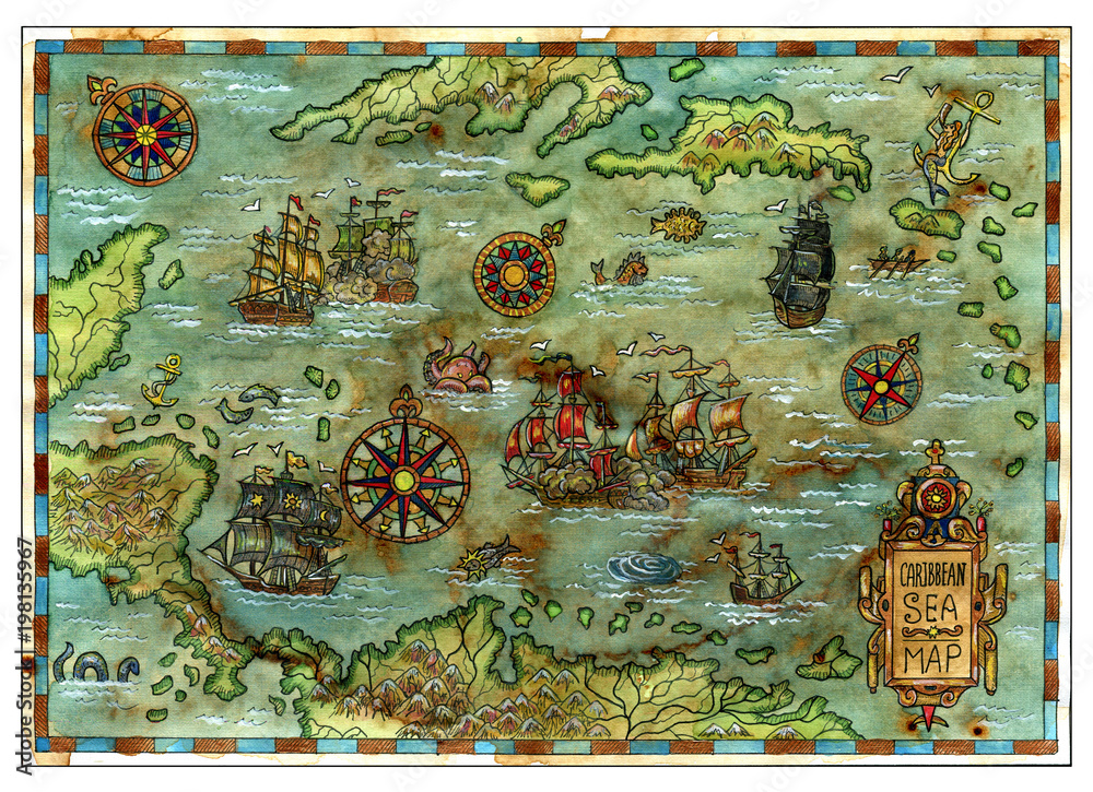Ancient Caribbean Sea map with pirate ships and islands. Decorative ...