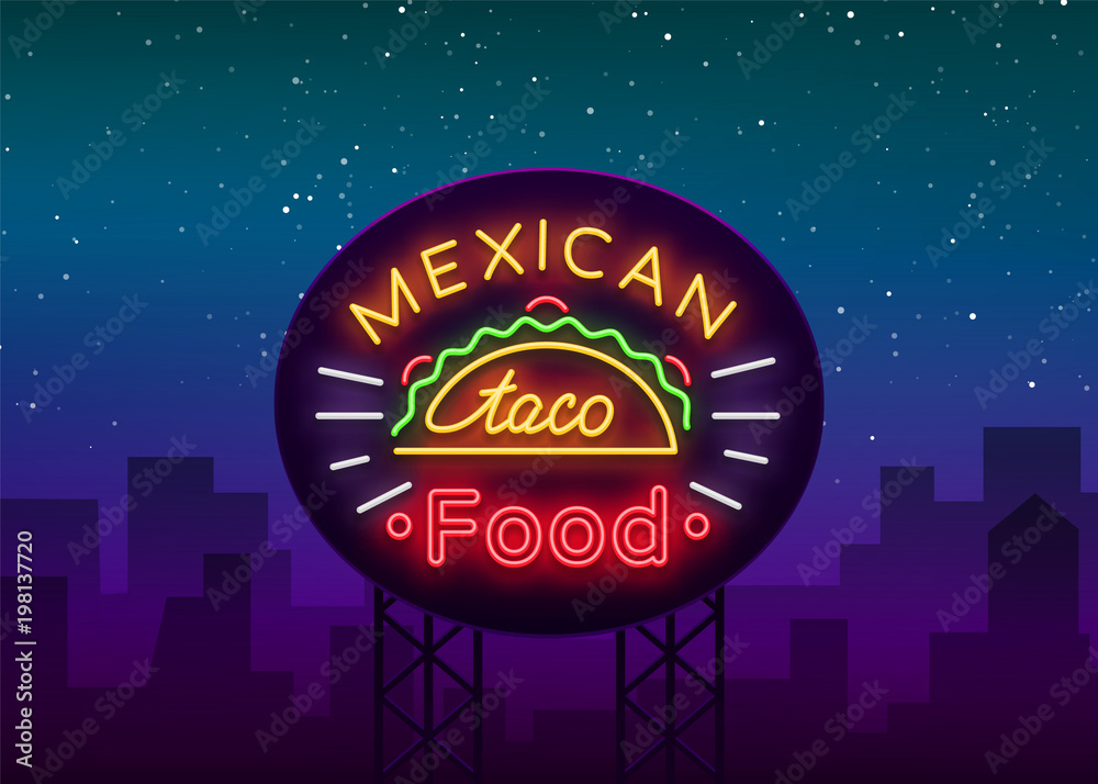 Taco logo vector. Neon sign on Mexican food, Tacos, street food, fast ...