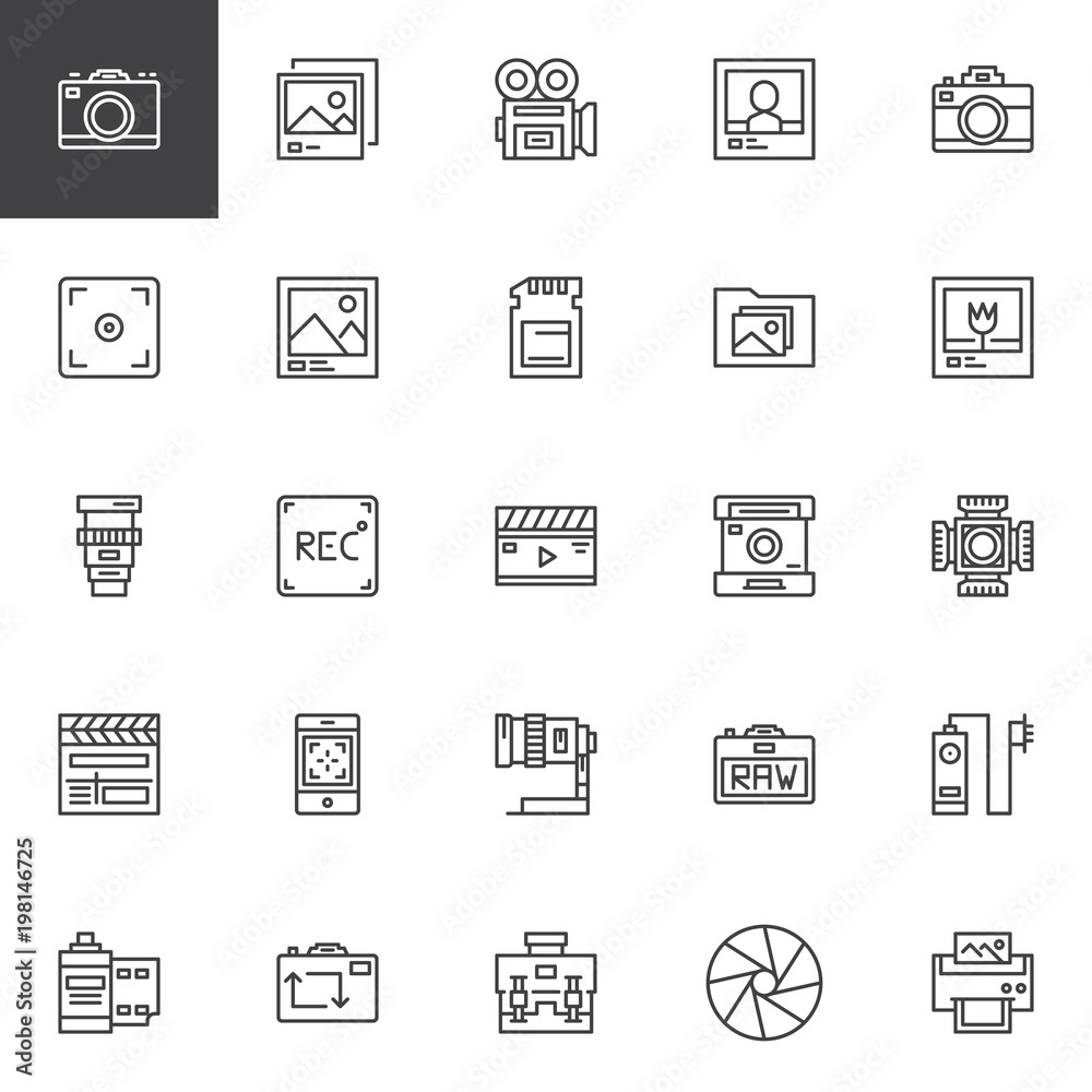 Photography accessories outline icons set. linear style symbols ...