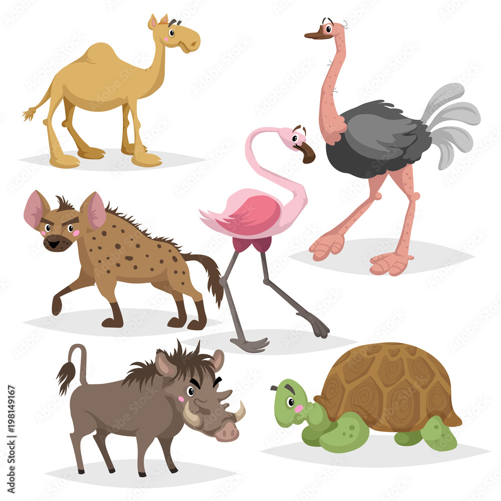 African animals cartoon set. Camel, big african turtle, flamingo, hyena ...