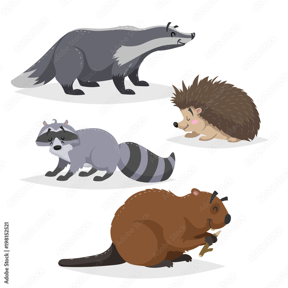 Forest animals set. Badger, hedgehog, raccoon, and beaver. Happy ...