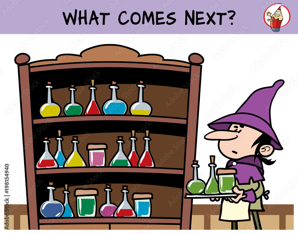 Shelf with potions in the medieval alchemical lab. What comes next ...