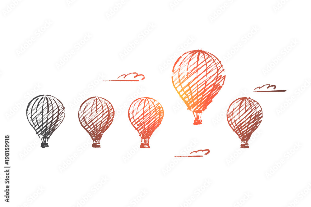 Vector hand drawn Be the fisrt concept sketch. Five air ballons in sky ...