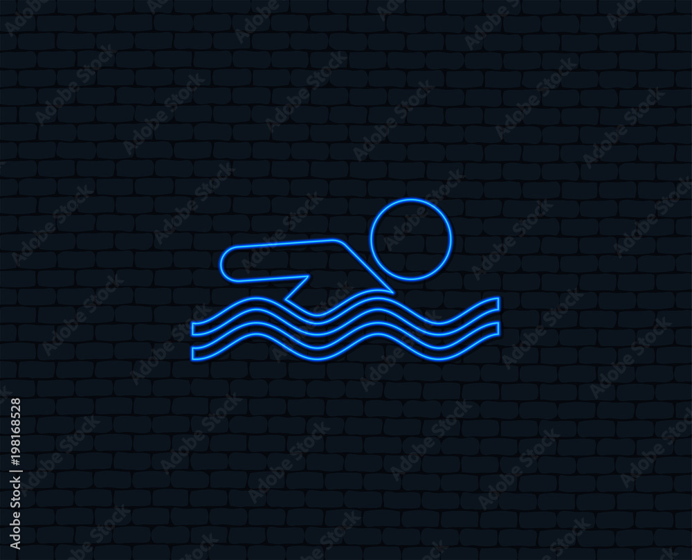 Neon light. Swimming sign icon. Pool swim symbol. Sea wave. Glowing ...