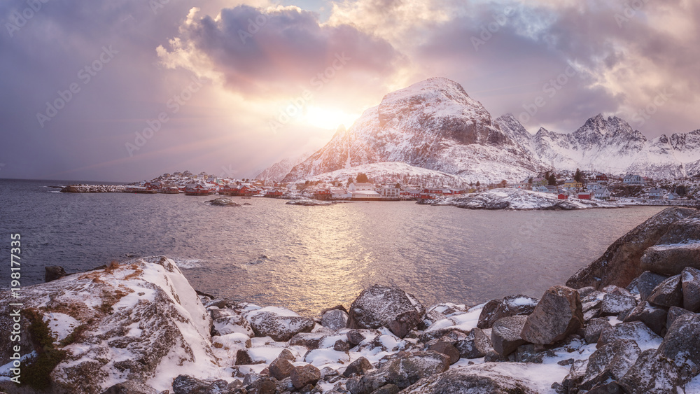 Scenery winter landscape in the Norway. Dramatic color sunset sky over ...