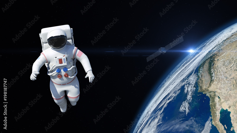 Astronaut is flying over the planet Earth. Astronaut pushing the ...