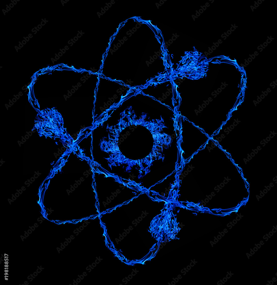 blue flame atom symbol isolated on black Stock Photo | Adobe Stock