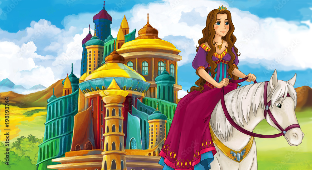 cartoon scene with beautiful princess on white horse near the castle ...
