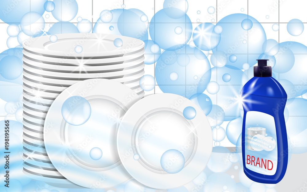 Dishwashing liquid products with plates stack. Bottle label design ...