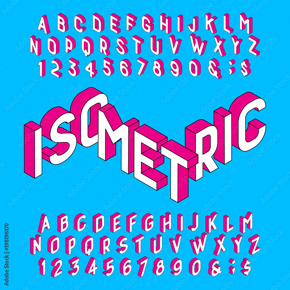 Isometric alphabet font. Letters and numbers on a light blue background ...