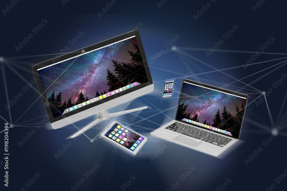 Devices like smartphone, tablet or computer flying over connection ...