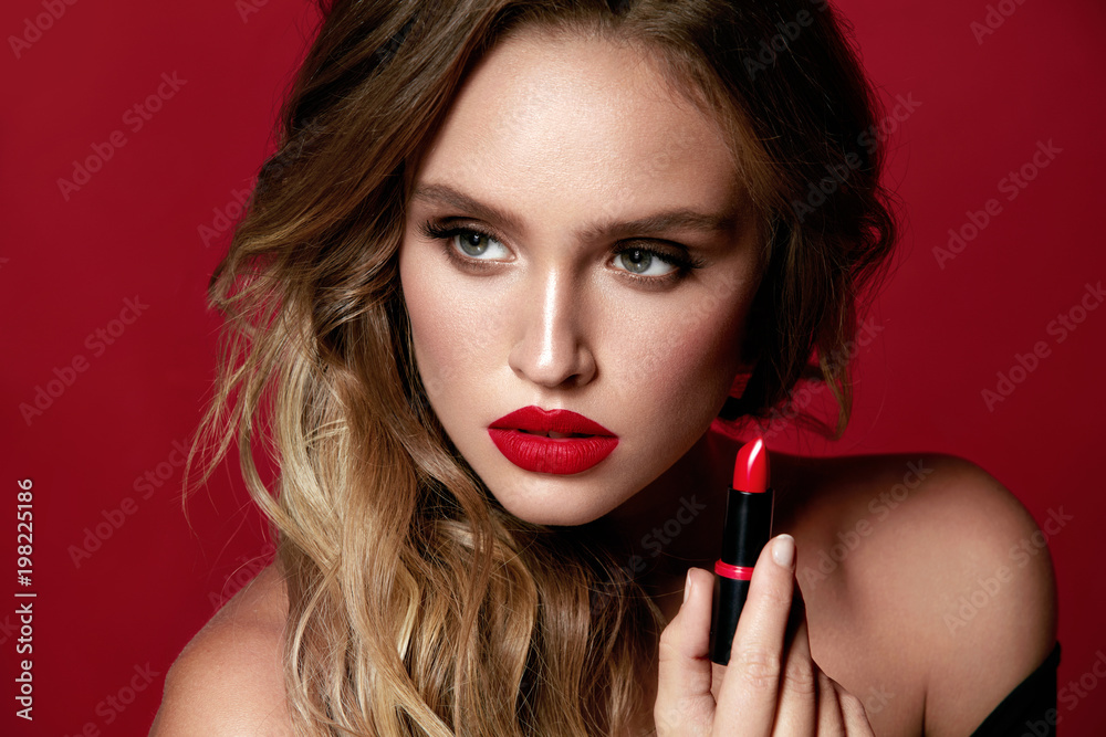 Red Lips Makeup. Female Model With Beauty Makeup. Stock-Foto | Adobe Stock