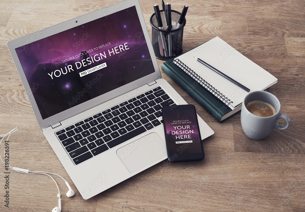 Laptop and Smartphone on Wooden Desk Mockup Stock Template | Adobe Stock