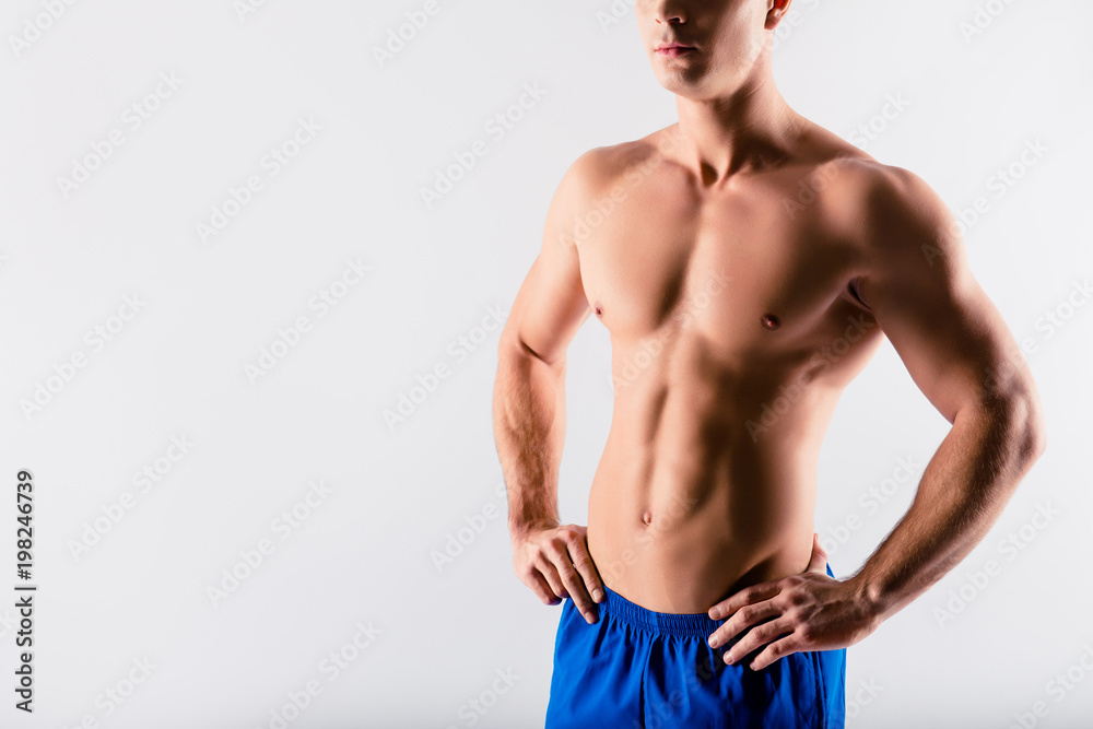 Cropped close up photo of ideal perfect muscular slender man, he has ...