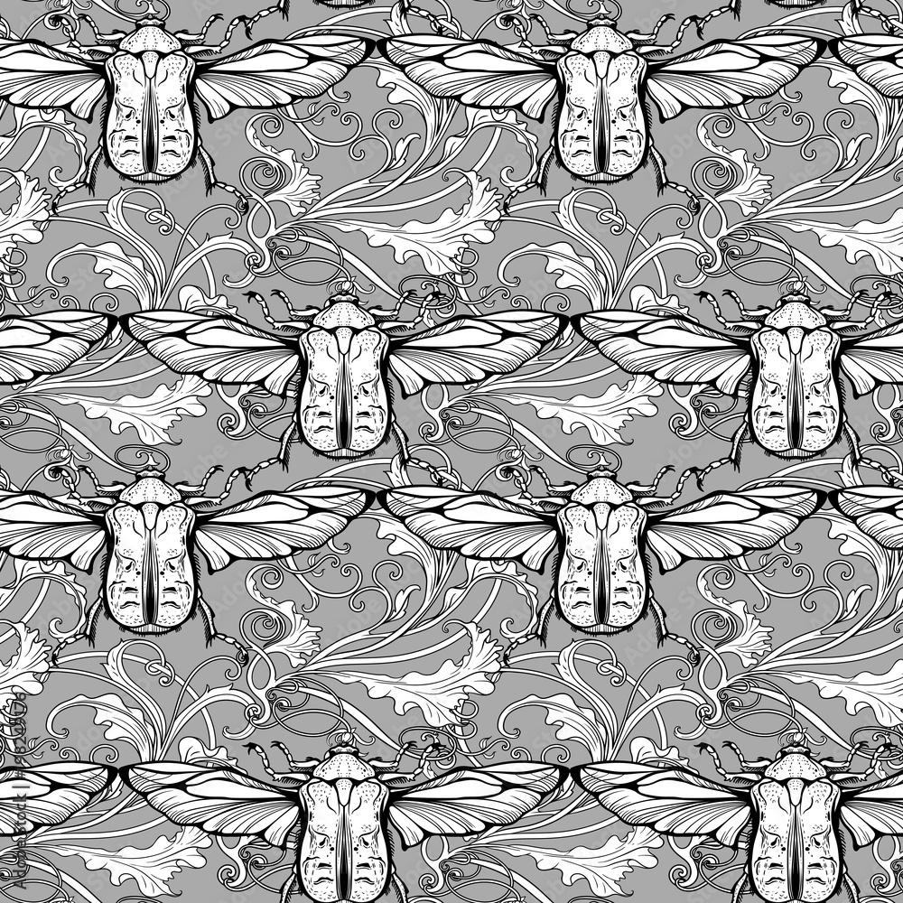 Pattern of flying bugs with floral background. Stock Vector | Adobe Stock