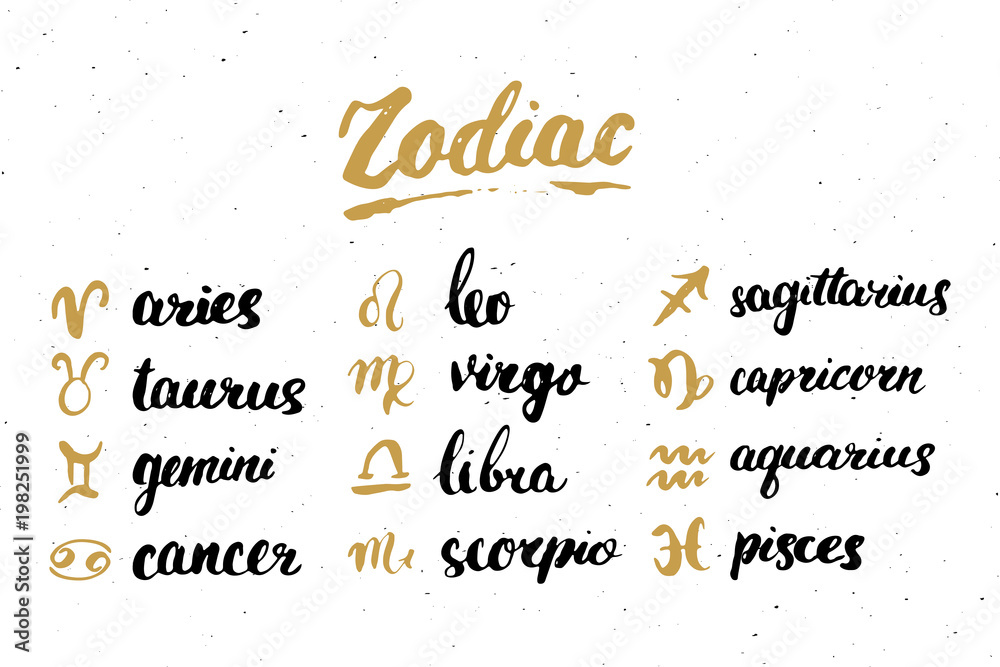 Zodiac signs set and letterings. Hand drawn horoscope astrology symbols ...