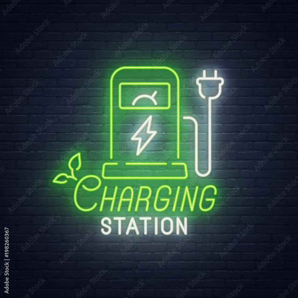Charging Station neon sign, bright signboard, light banner. Electric ...