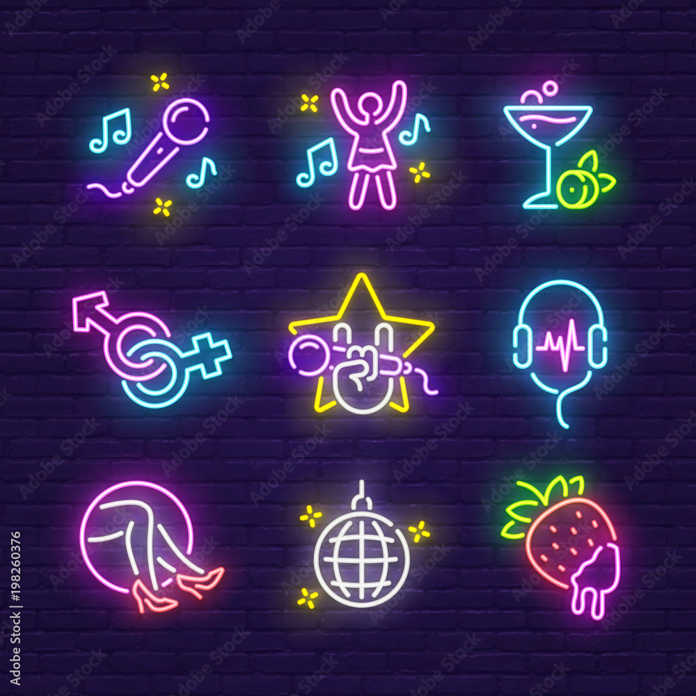 Big set icon. Isolated icon neon style. Theme night club, disco and ...