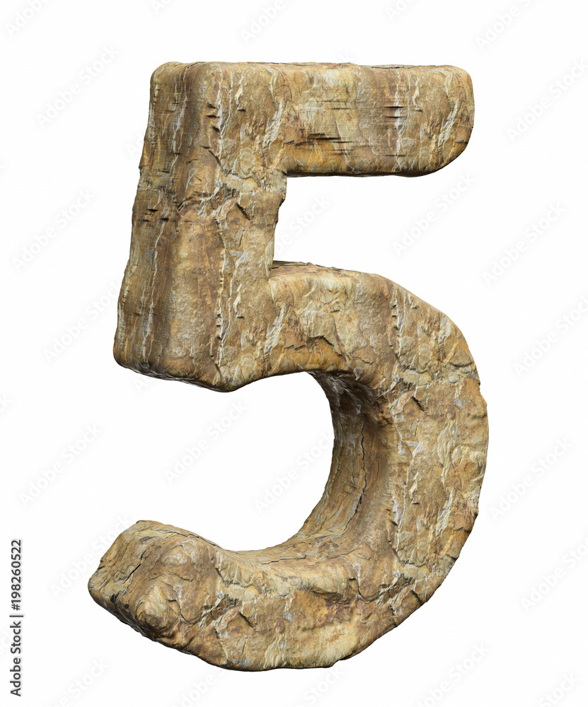 Detailed warm rough rock number 5 on a pure white background. This is a ...
