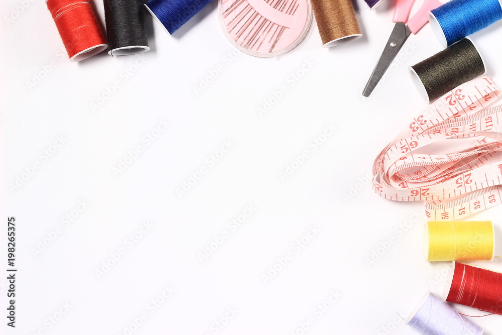 Flat lay or top view, Needle, Scissor, Thread, Tailor Meter, Scissor at ...