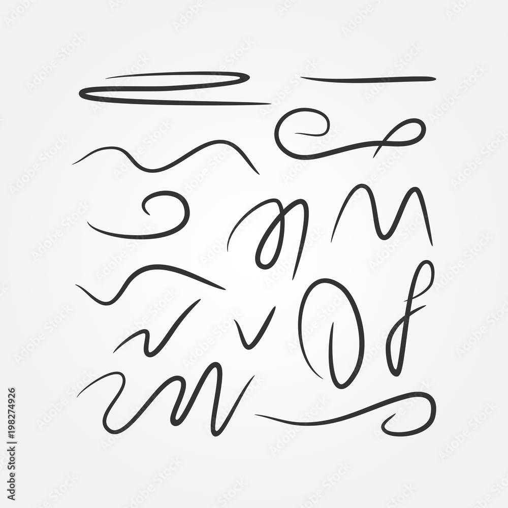 Set of isolated strokes of pen, marker, brush, pencil. Sketch, doodle ...