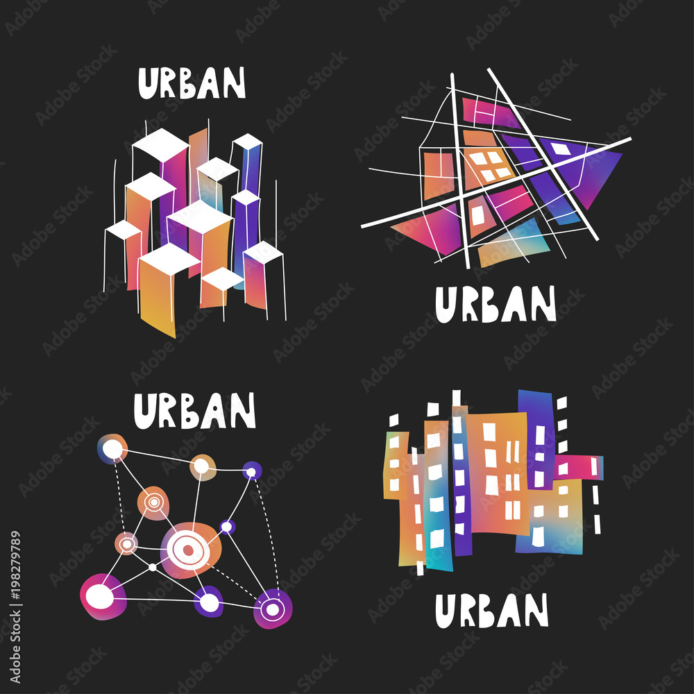 Vector set of fluid gradient hand-drawn logos on the theme of urban ...