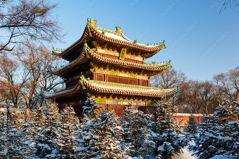 The buddhist temple buildings.The Chisese word is drum-tower. Stock ...