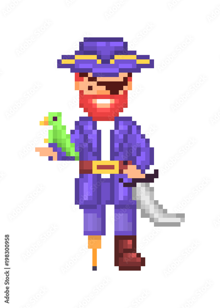 One-eyed pirate with a green parrot and a sword, old school 8 bit pixel ...