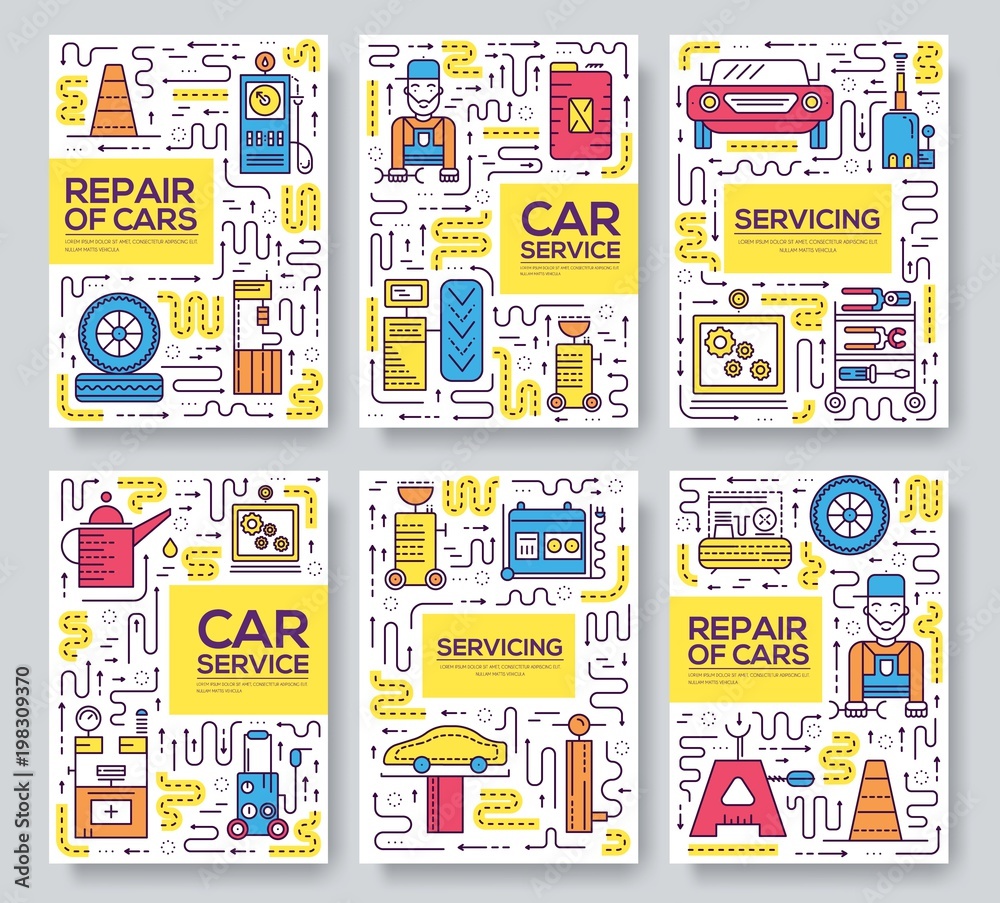 auto service vector brochure cards thin line set. mechanic repair a car ...