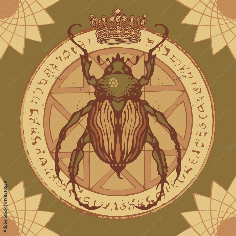 Illustration of a beetle and crown on a circle with an octagonal star ...