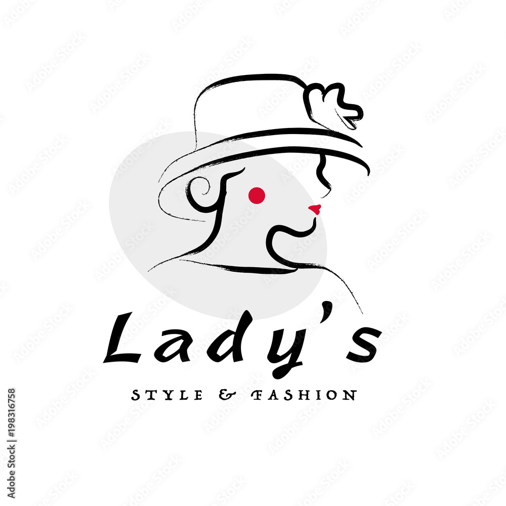 Vector artistic logo with hand drawn lady in hat portrait isolated on ...