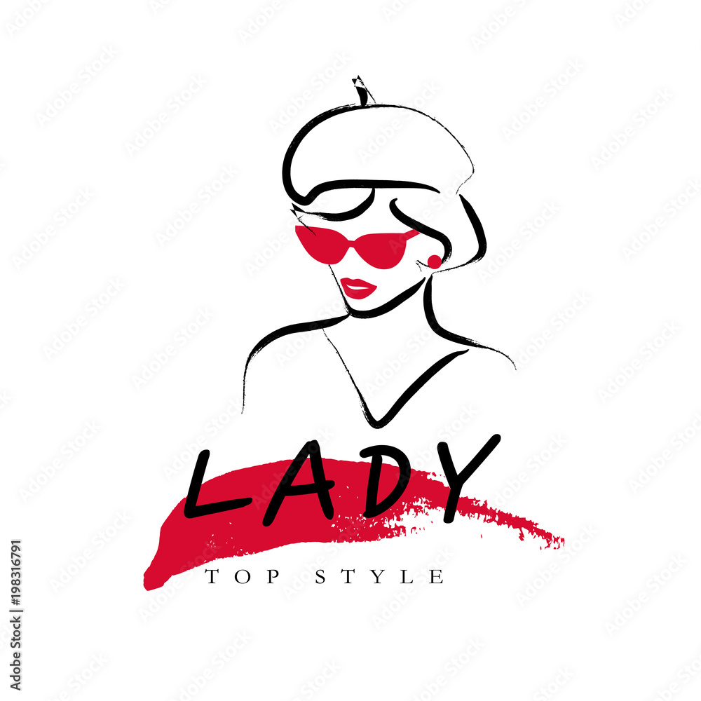 Vector artistic logo with hand drawn lady in hat portrait isolated on ...