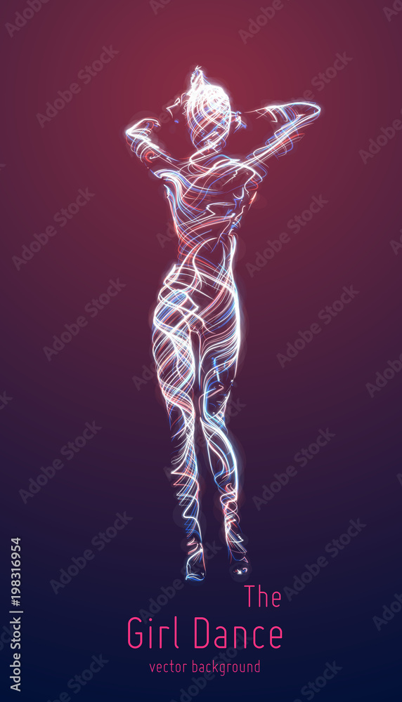 Vector dancing girl constructed with colorful swirl lines. Elegant slow ...