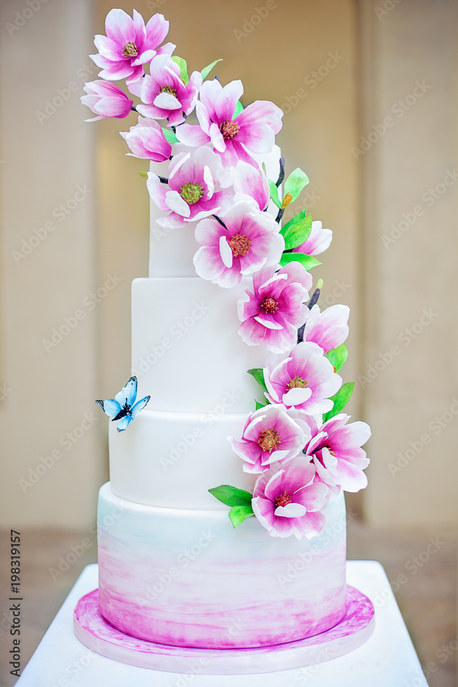 Square Wedding Cakes With Pink Flowers
