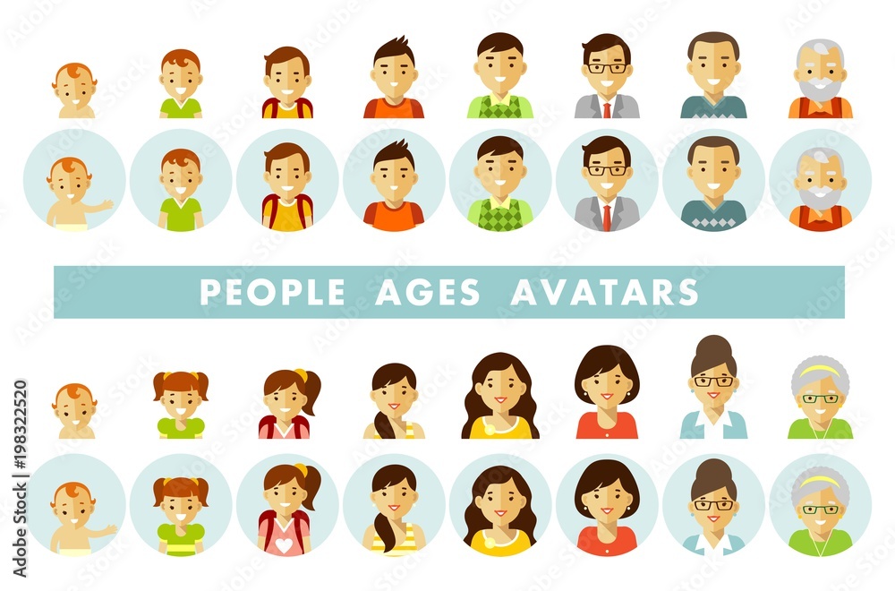 Vetor de Set of people generations avatars at different ages. Man and ...
