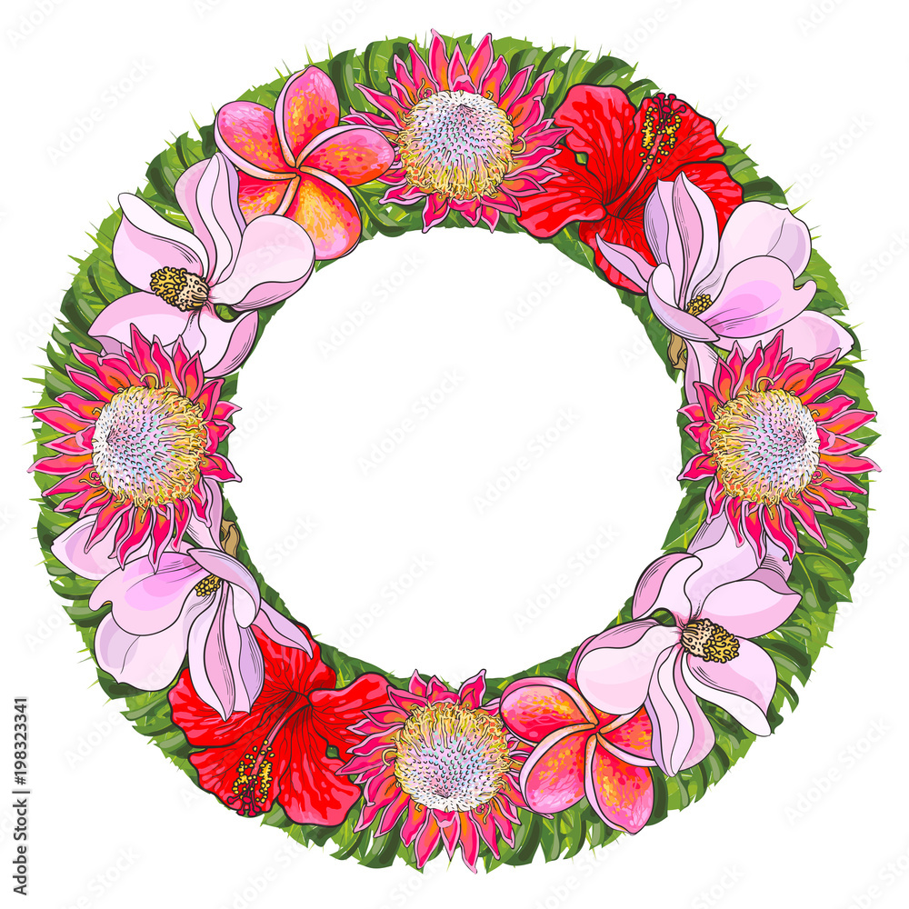 Tropical flowers and palm leaves in floral composition in form of ...