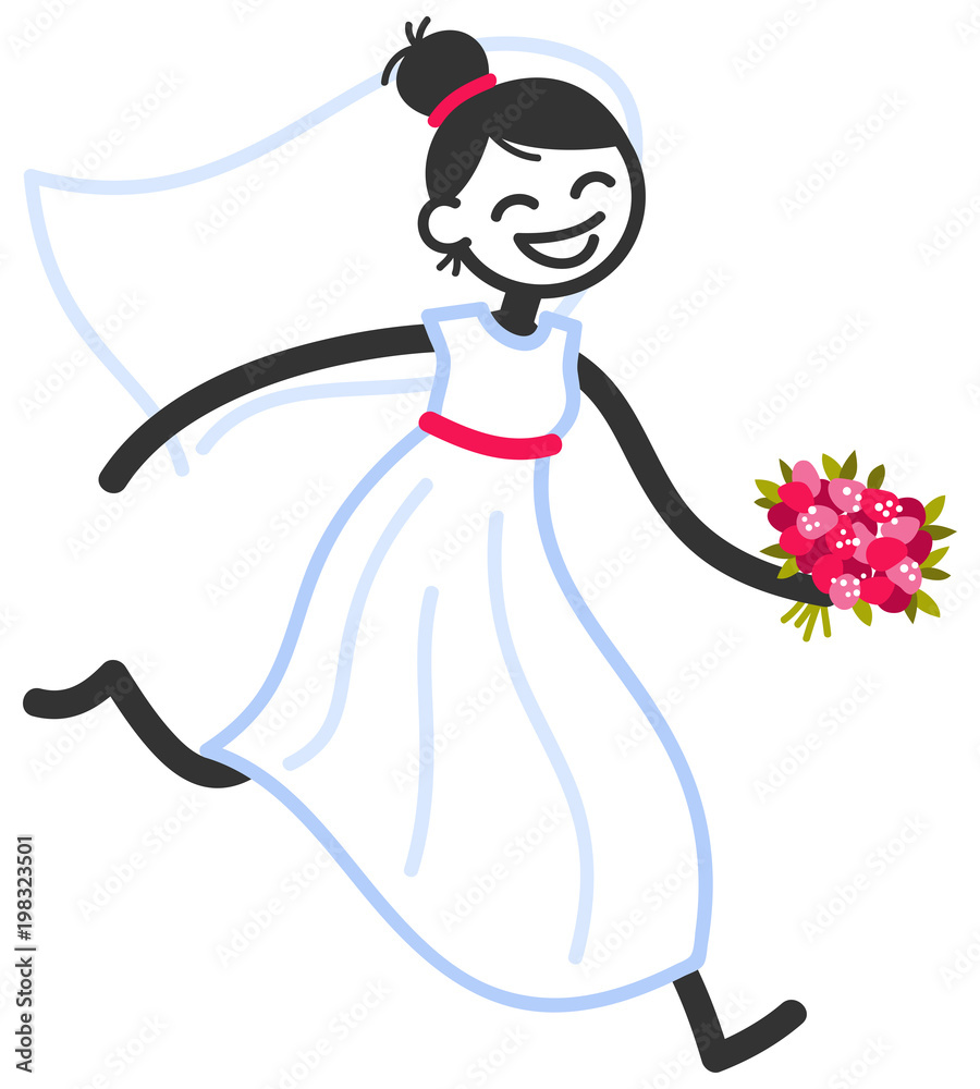 Vector illustration of cute stick figure happy bride in wedding dress ...