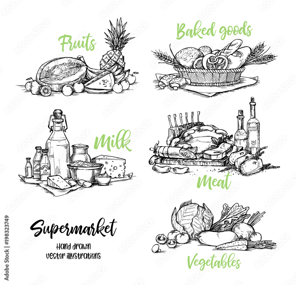 Hand drawn vector illustration. Collection of Supermarket products ...