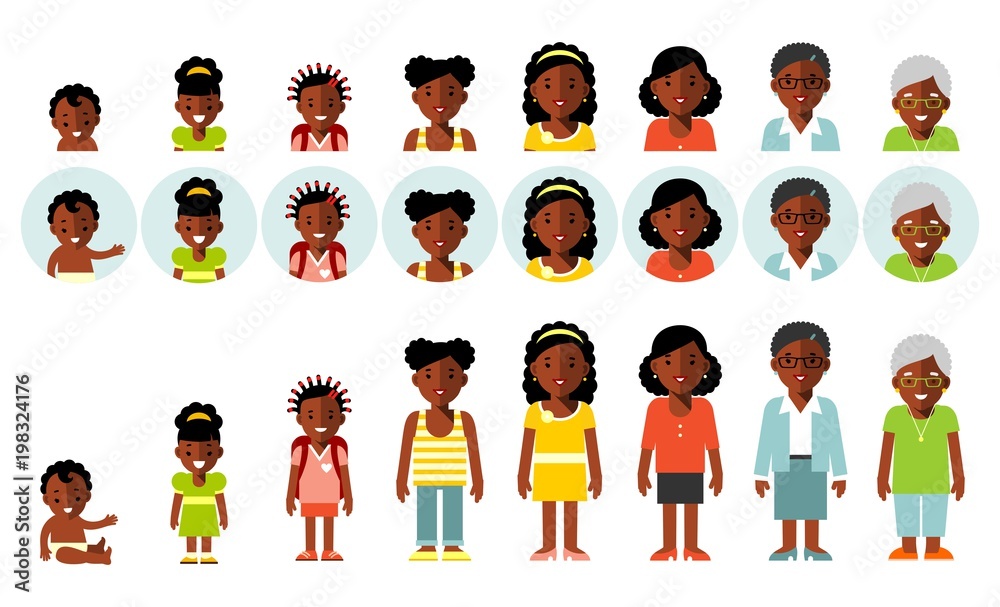 Set of african american ethnic people generations avatars at different ...