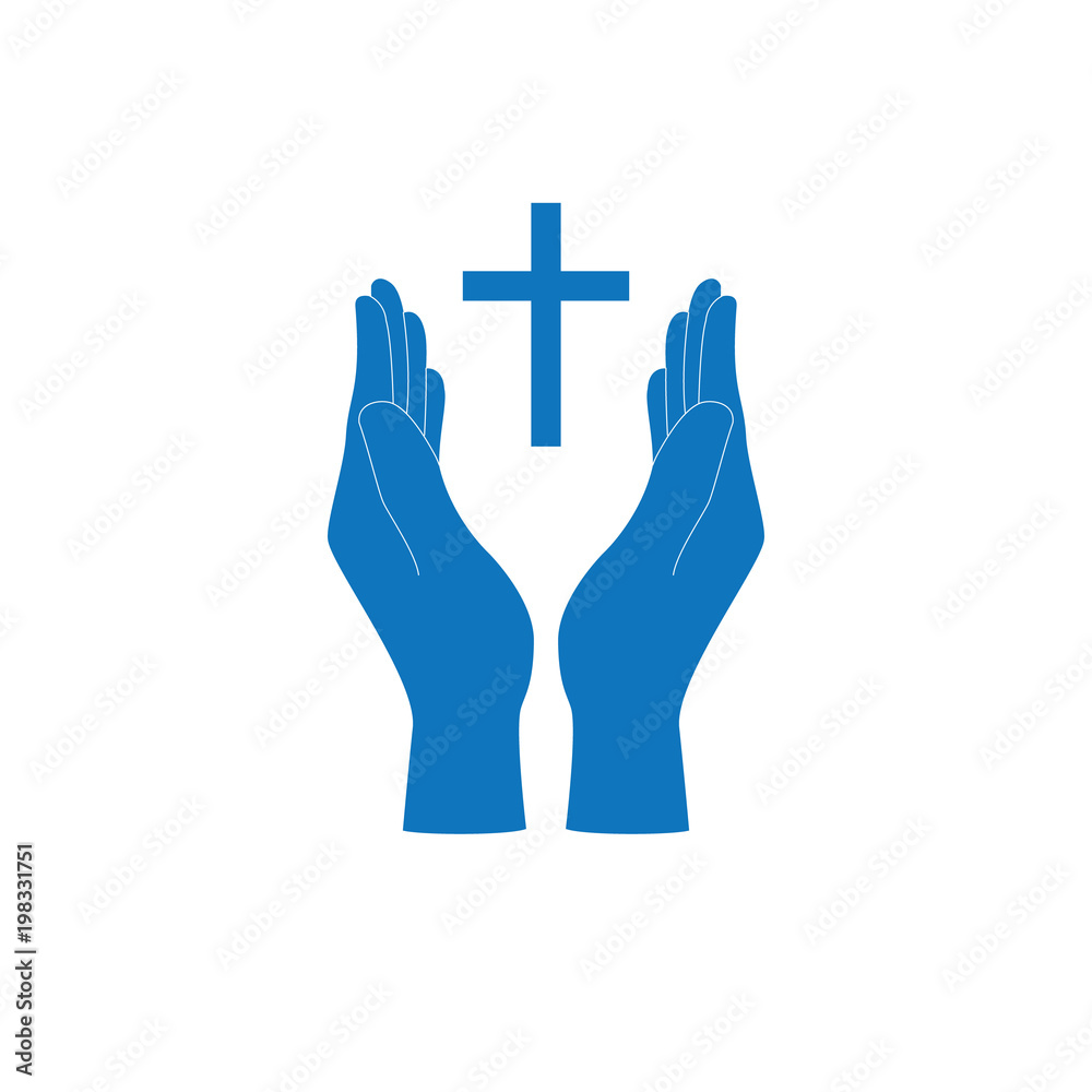 Christian cross and hands of worship and pray for church logo icon ...