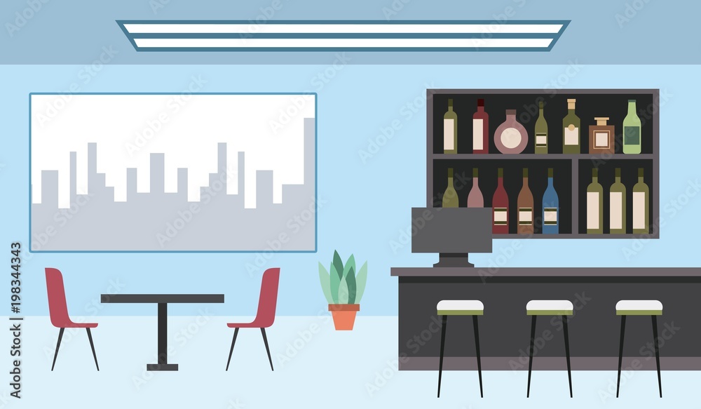 interior coffee shop bar counter shelf bottles and city in the window ...