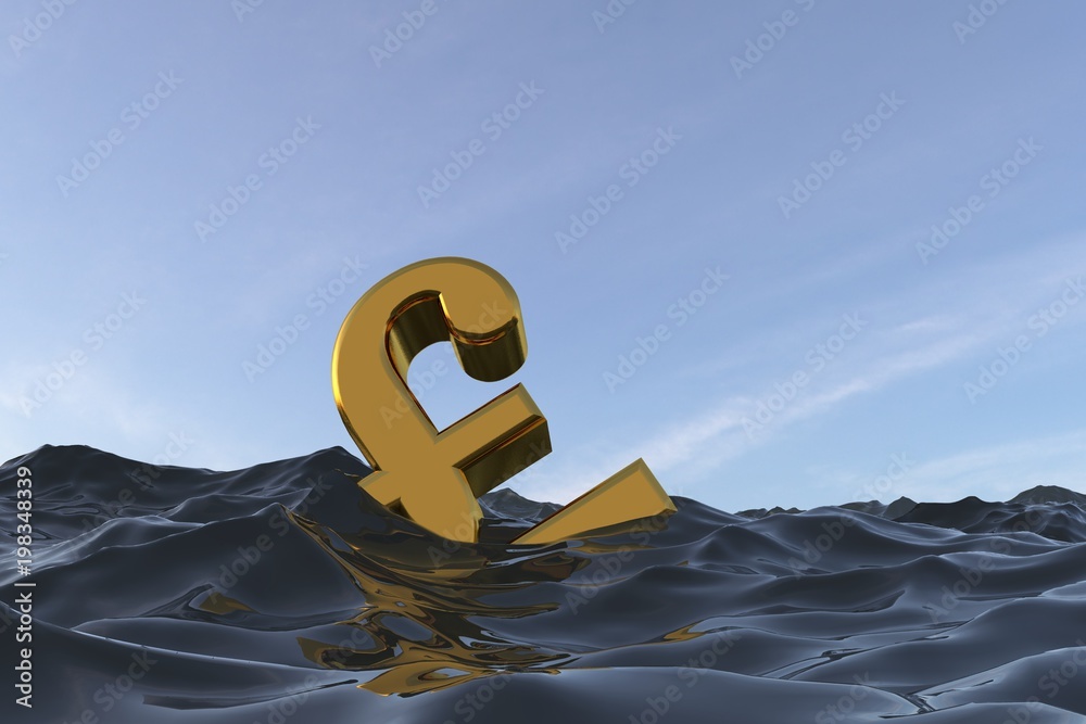 British pound sterling symbol at sea. Drowning in debt financial ...