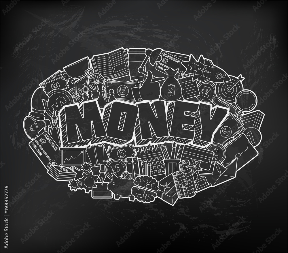 Money - Hand Lettering and Doodles Elements Sketch on Chalkboard Stock ...