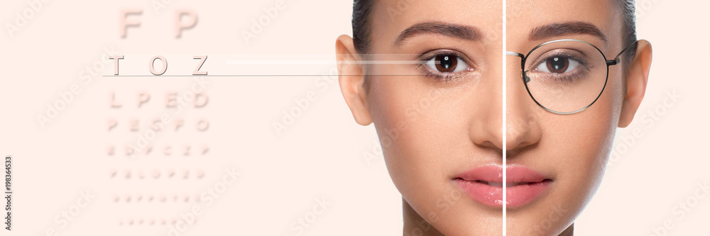 woman face, present before and after laser vision correction. Female ...