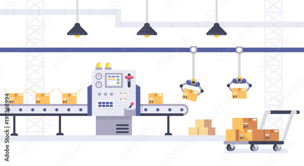 Packing and Production line concept in flat style. Industrial machine ...