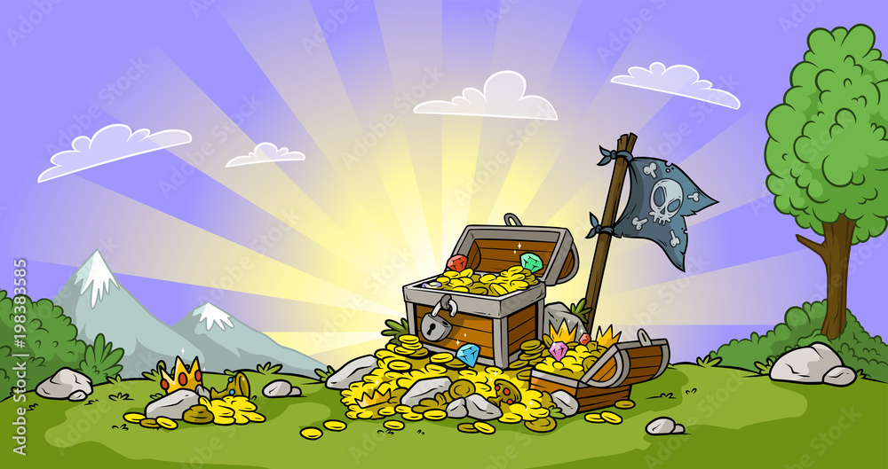 Cartoon treasure chest on landscape background Stock Vector | Adobe Stock